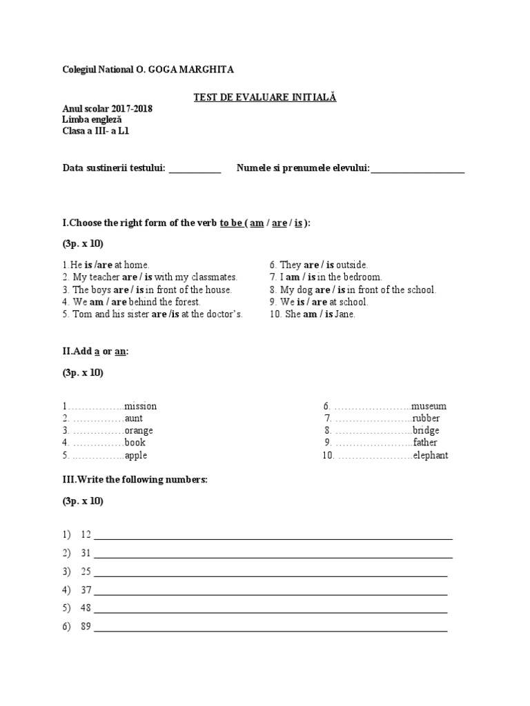 English Evaluation Test for Third Grade Students at Colegiul National O ...