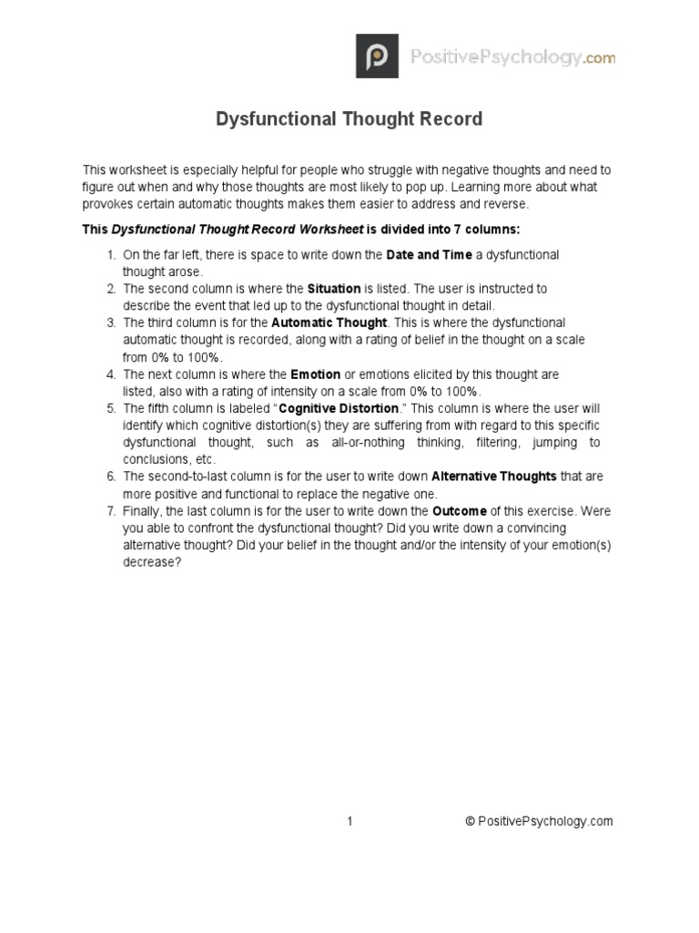 This Dysfunctional Thought Record Worksheet Is Divided Into 7 Columns | PDF | Emotions | Thought