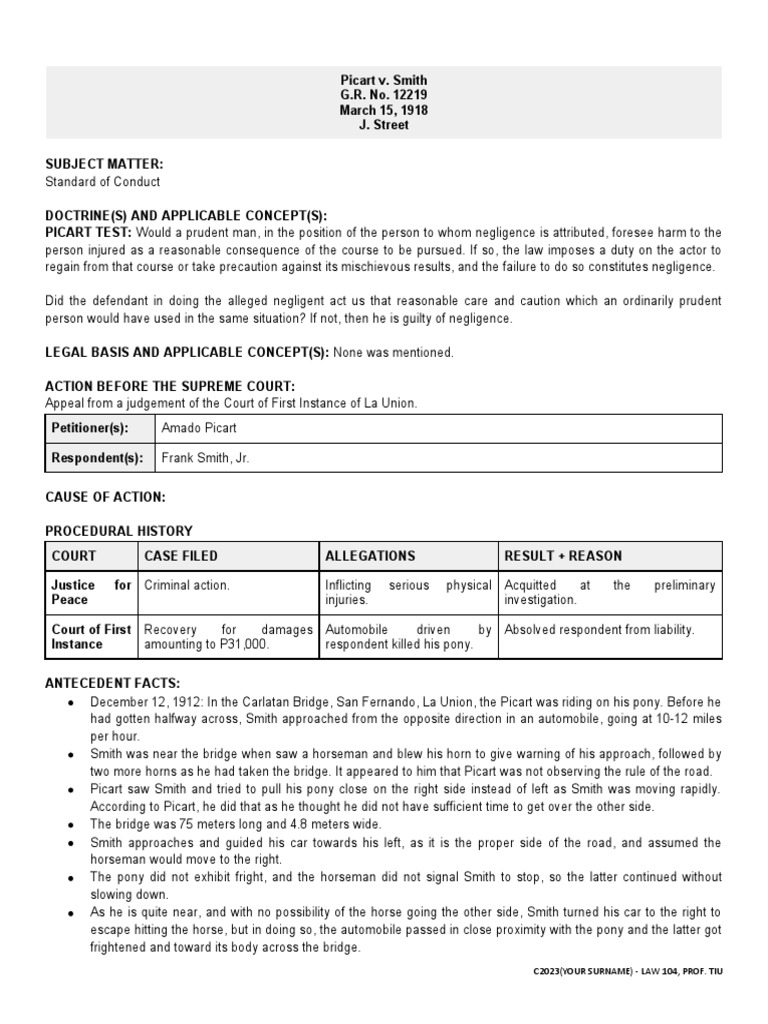 Picart Test Establishes Standard of Conduct | PDF | Negligence | Duty ...