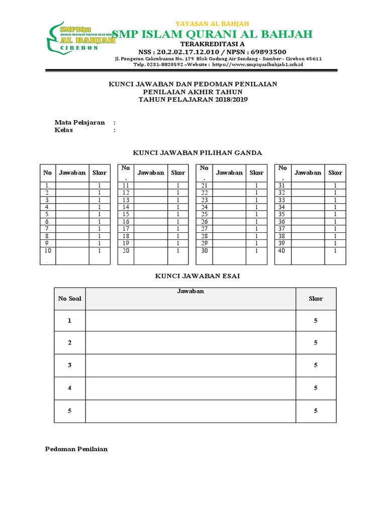 Format Kunci Jawaban Dan Pedoman Penilaian Pat 1819 (40 Soal PG) | PDF