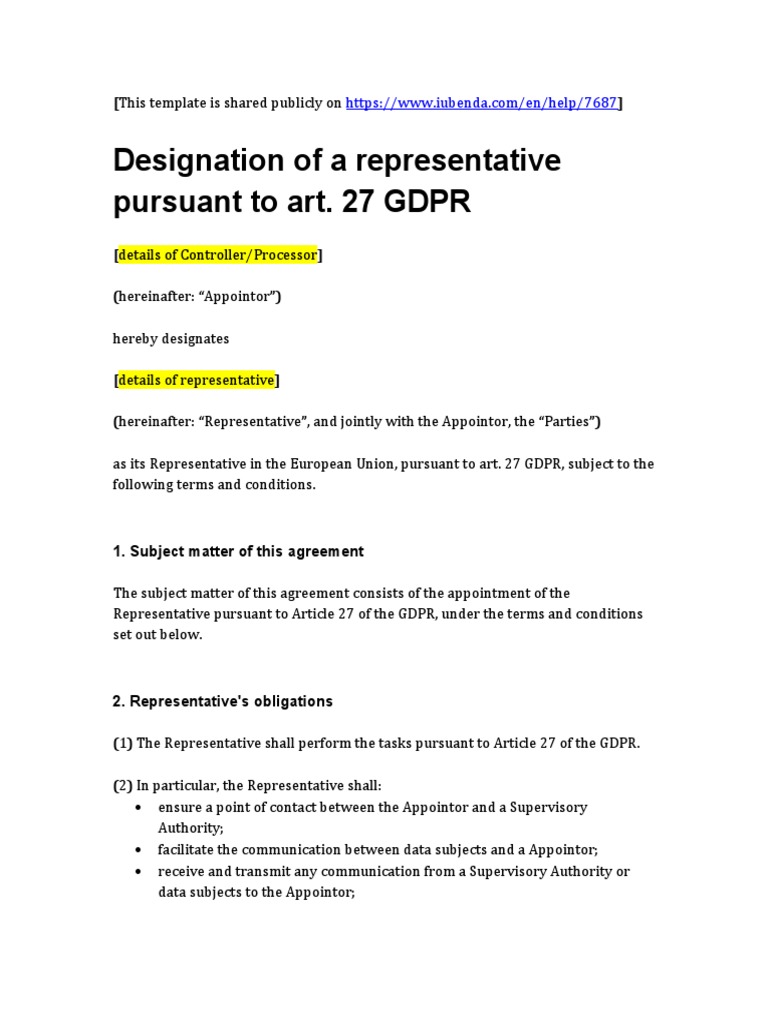 Designation of A Representative Pursuant To Art. 27 GDPR: 1. Subject Matter of This Agreement ...