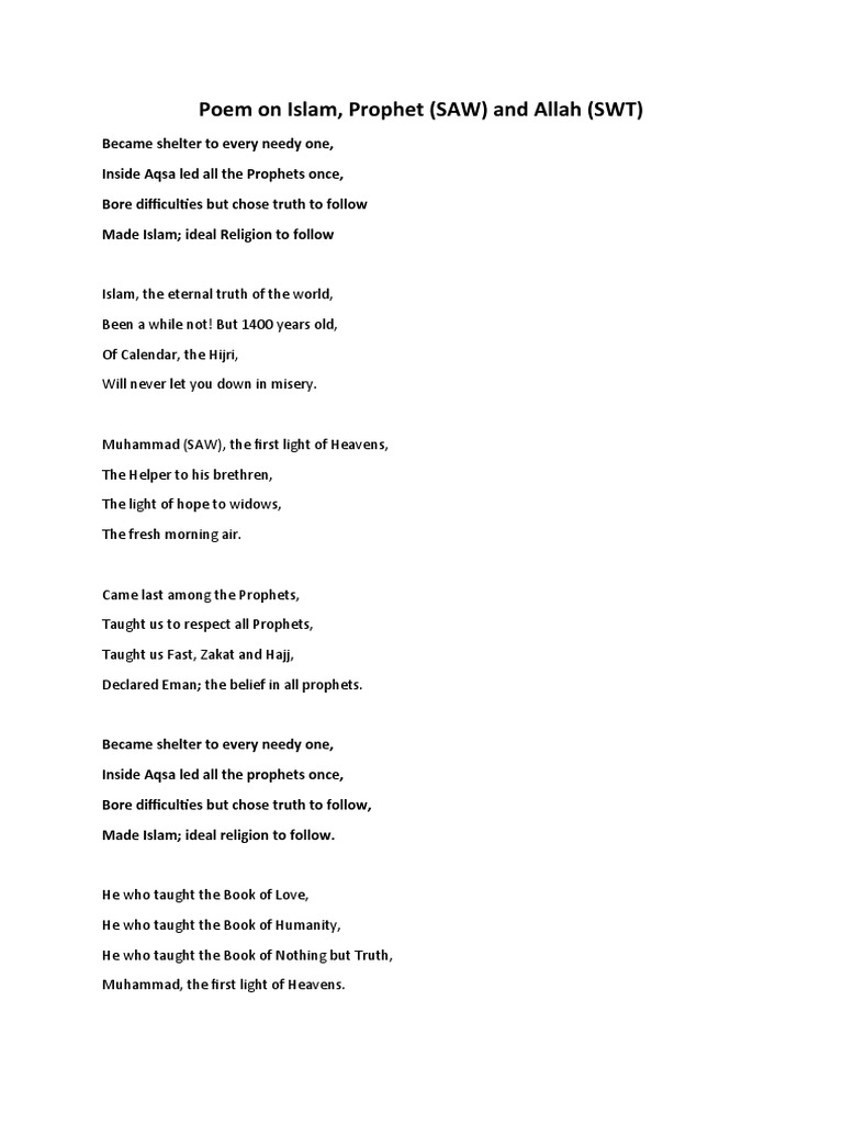 Poem On Islam, Prophet (SAW) and Allah (SWT) | Download Free PDF | God ...