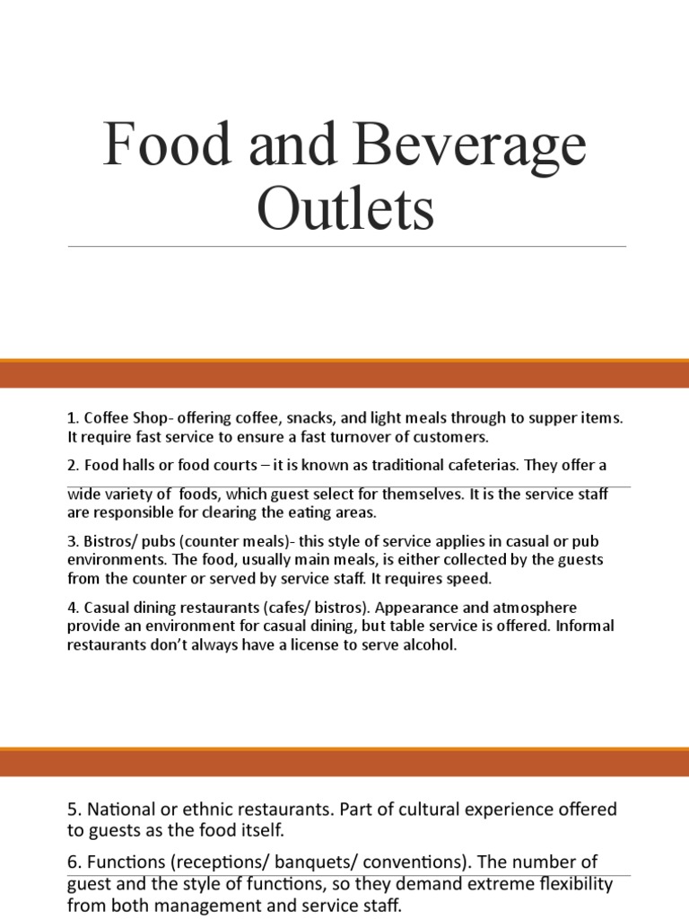 Types of Food and Beverage Outlets | PDF | Foodservice | Restaurants