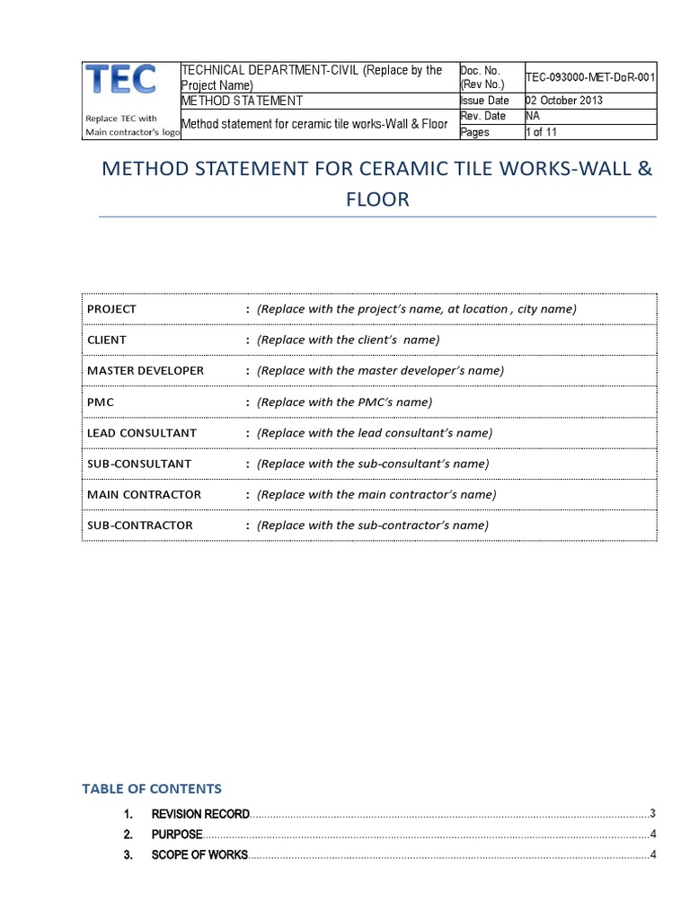 Method Statement For Ceramic Tiles-Wall & Floor) (K) | PDF | Tile ...