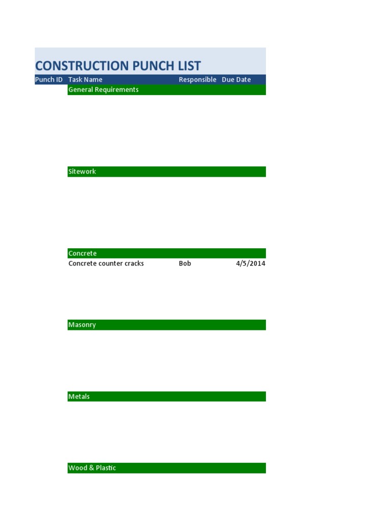 Construction Punch List: Punch ID Task Name Responsible Due Date ...