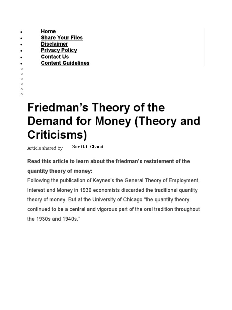Milton Friedman Theory Introduction | PDF | Demand For Money | Money Supply