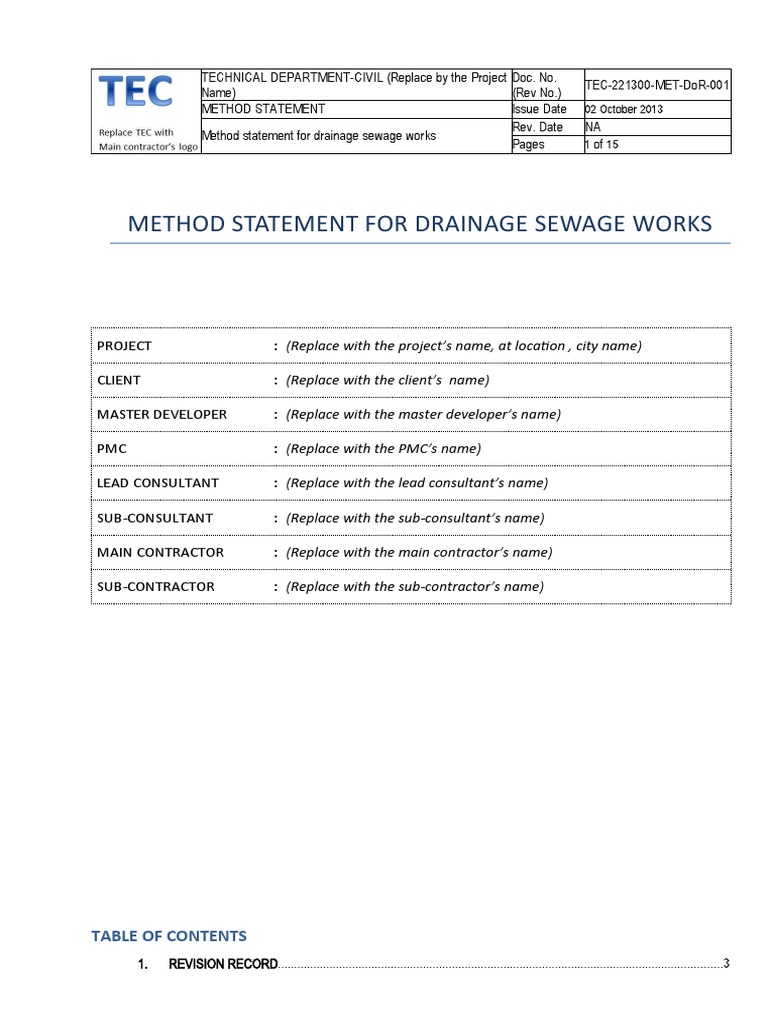 Method Statement For Drainage Sewage Works) (H) | PDF | Sanitary Sewer | Concrete
