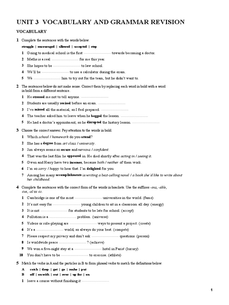 Unit 3 Vocabulary and Grammar Revision | PDF | Grammar | Syntax