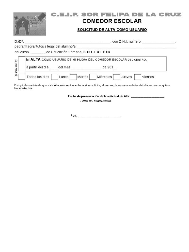 Solicitud Alta Comedor PDF | PDF