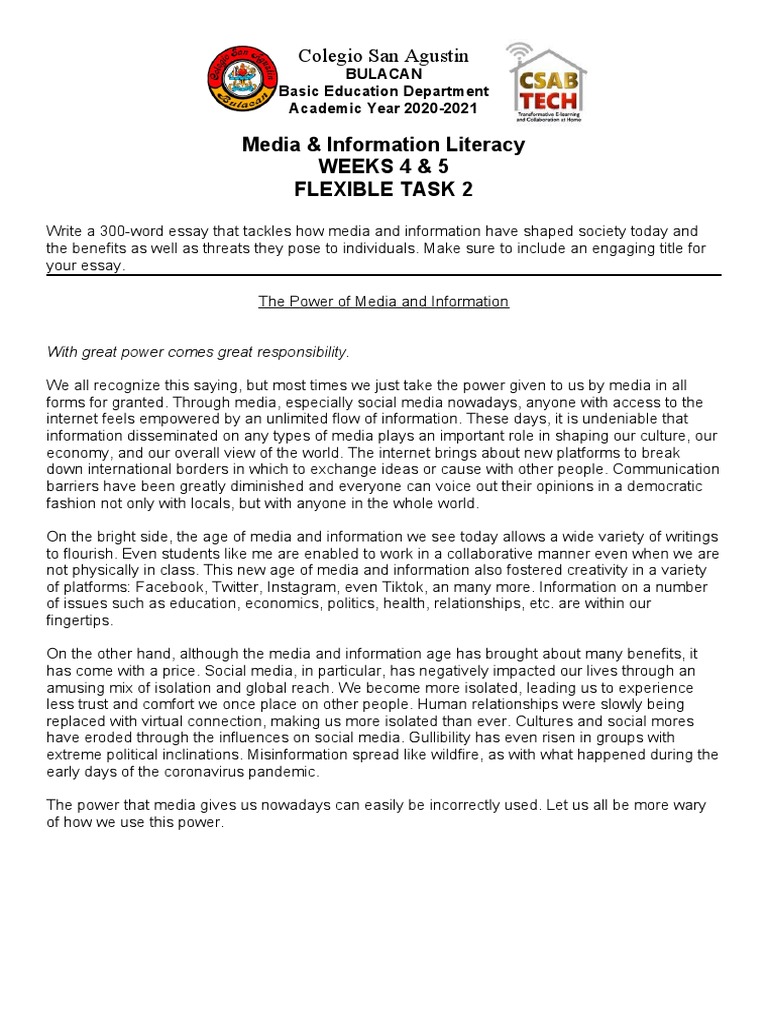 Media & Information Literacy Weeks 4 & 5 Flexible Task 2: Colegio San ...