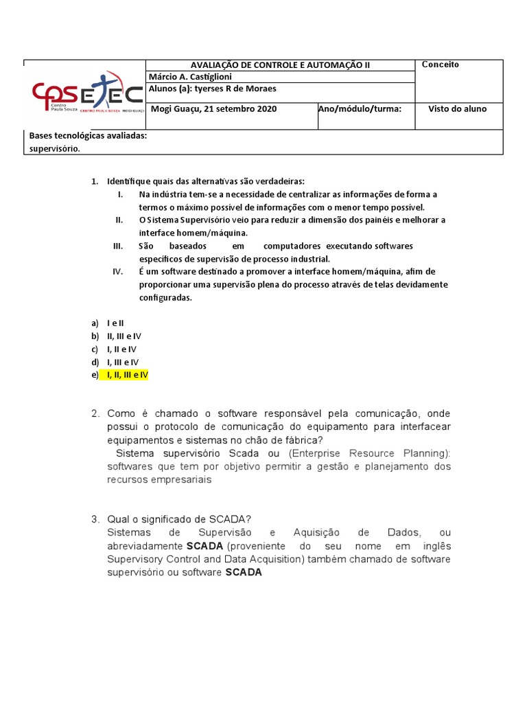 Avaliação de Controle e Automação Ii | PDF | Scada | Controlador lógico ...