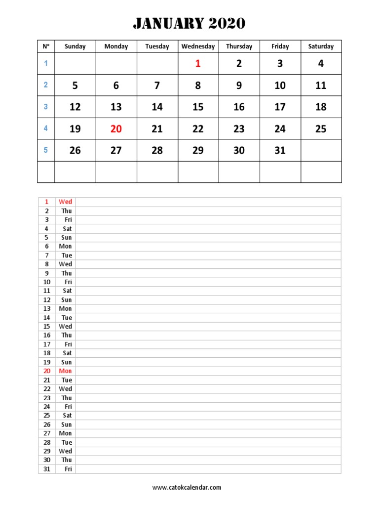 January 2020: N Sunday Monday Tuesday Wednesday Thursday Friday ...