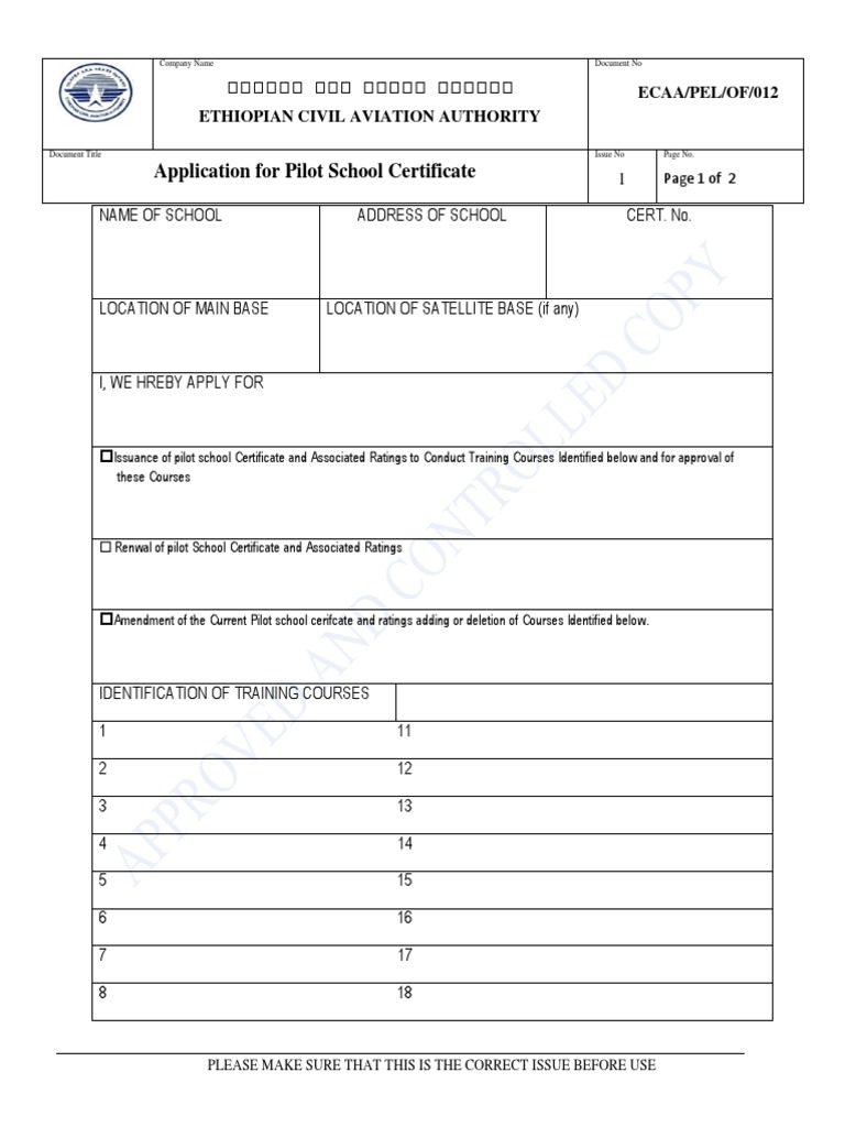 Application For Pilot School Certificate: Ethiopian Civil Aviation ...