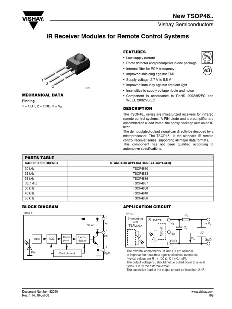 Vishay TSOP4838 IR Receiver | PDF | Infrared | Electromagnetism