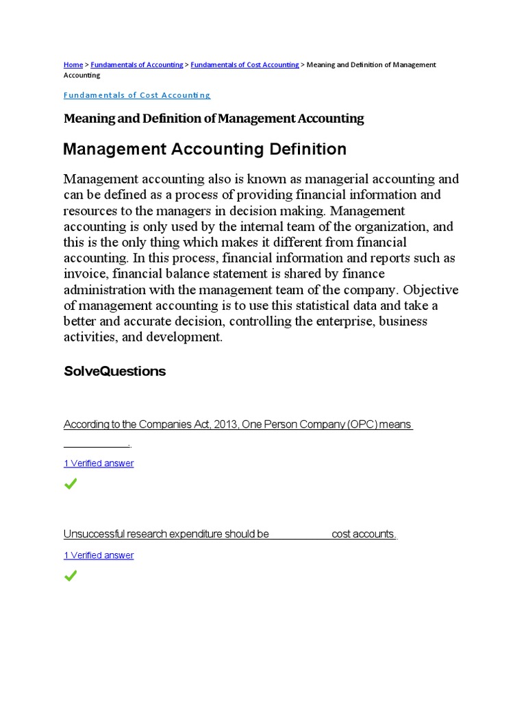Meaning and Definition of Management Accounting | PDF | Management ...