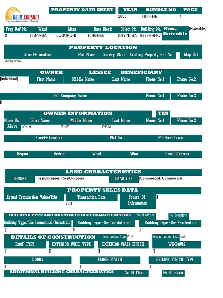 Property Data Sheet Detailing Land and Building Characteristics for a ...