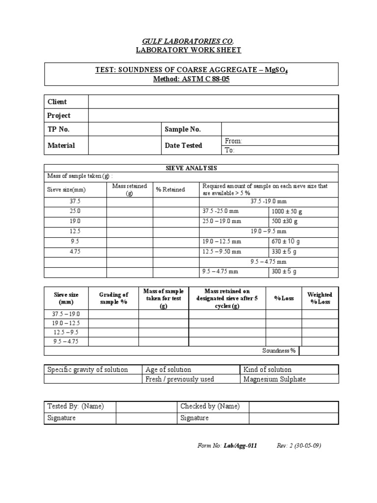 Laboratory Work Sheet Test: Soundness of Coarse Aggregate - Mgso Method ...