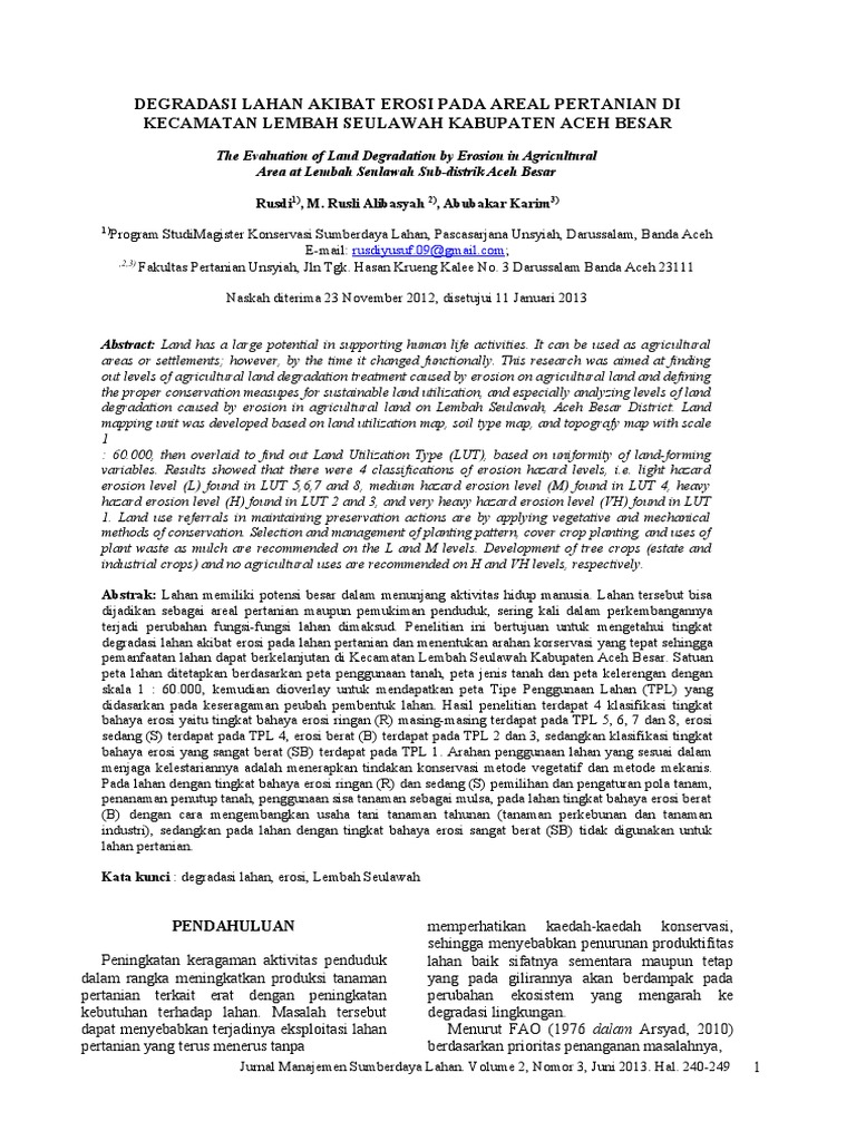 Degradasi Lahan Akibat Erosi Pada Areal Pertanian Di Kecamatan Lembah ...