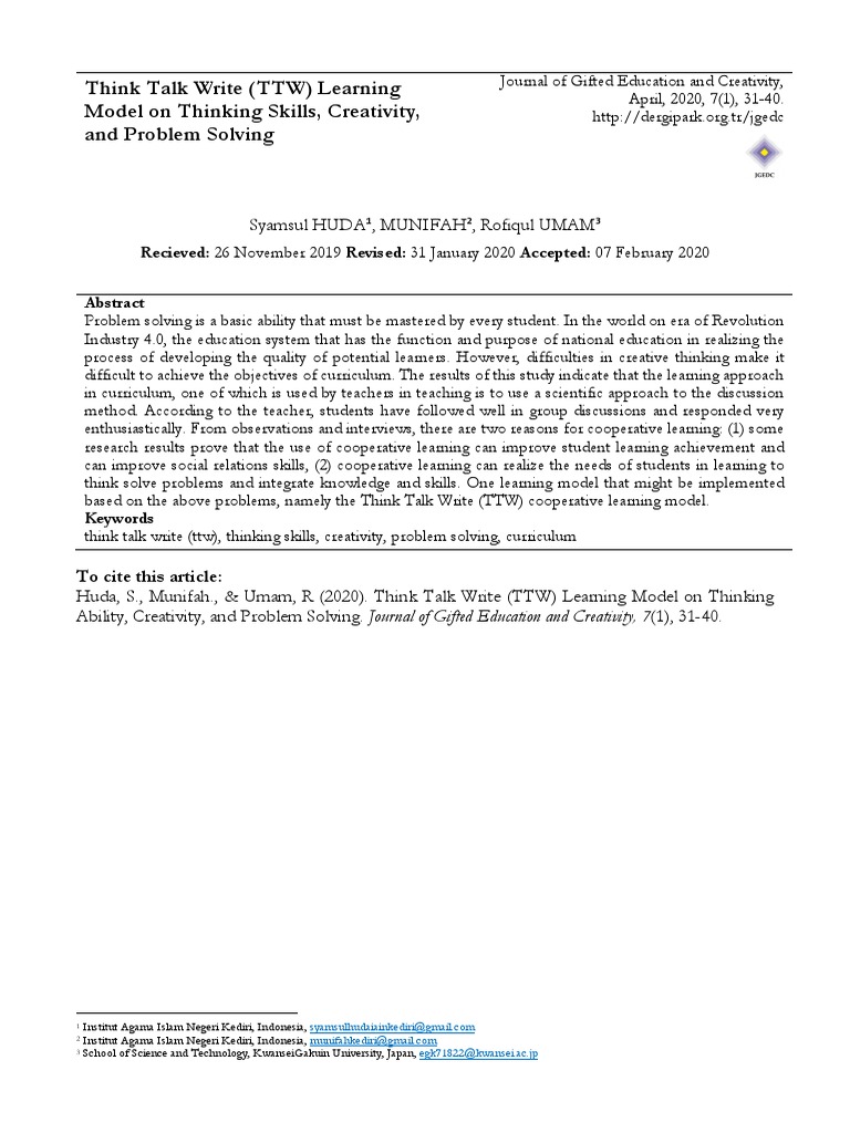 Think Talk Write TTW Learning Model On T PDF | PDF | Learning | Teachers