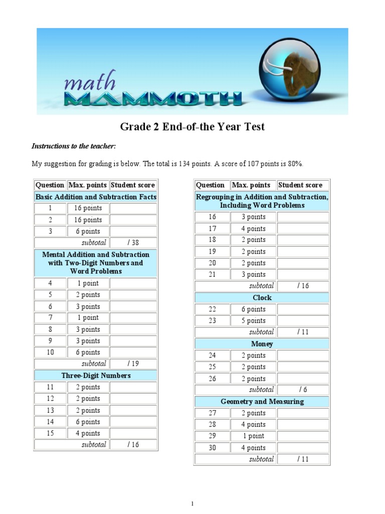 Grade 2 End-Of-The Year Test: Instructions To The Teacher | PDF ...
