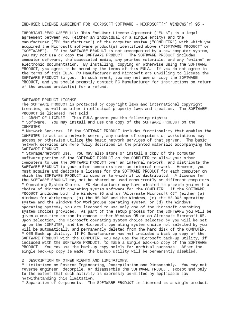 Windows 95 License Agreement | PDF | Operating System | License