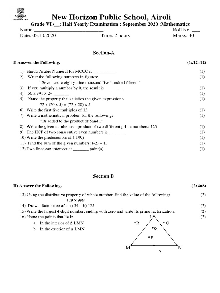Question Paper VI | PDF | Number Theory | Elementary Mathematics