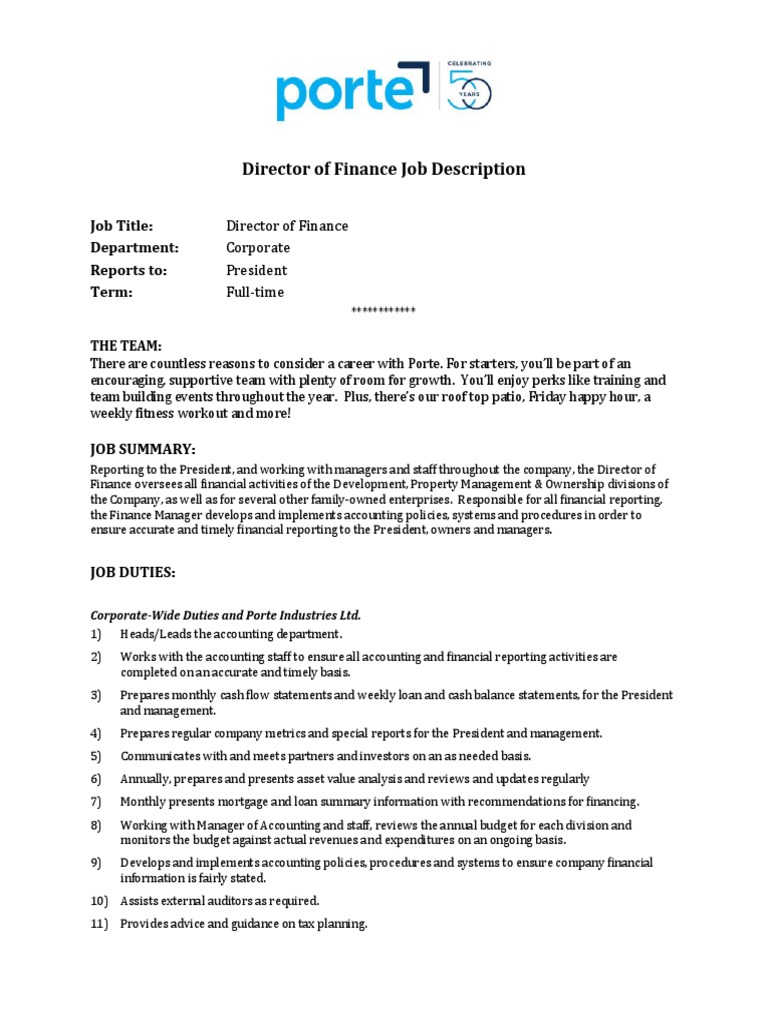 Director of Finance Job Description: Job Title: Department: Reports To ...