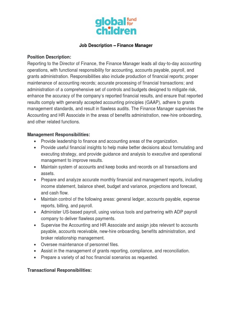 Position Description:: Job Description - Finance Manager | PDF ...