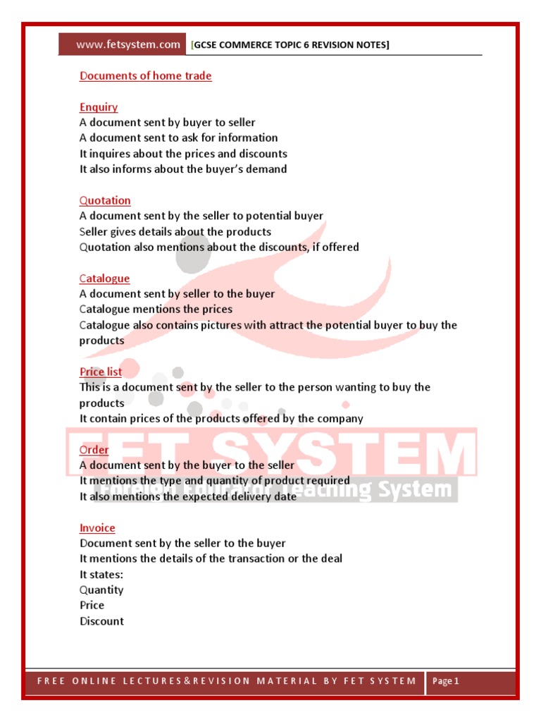 Documents of Home Trade Enquiry: Gcse Commerce Topic 6 Revision Notes ...