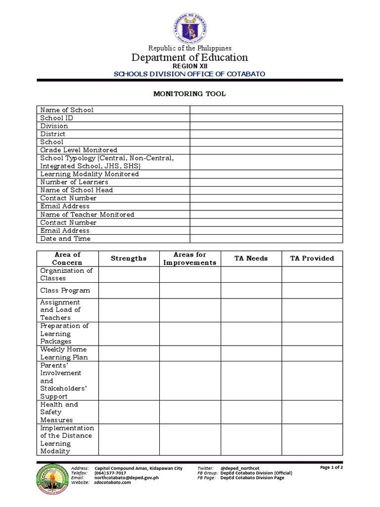 Cotabato Schools Monitoring Tool | PDF
