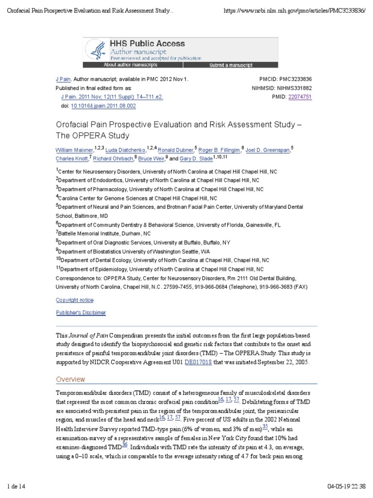 Orofacial Pain Prospective Evaluation and Risk Assessment Study - The ...