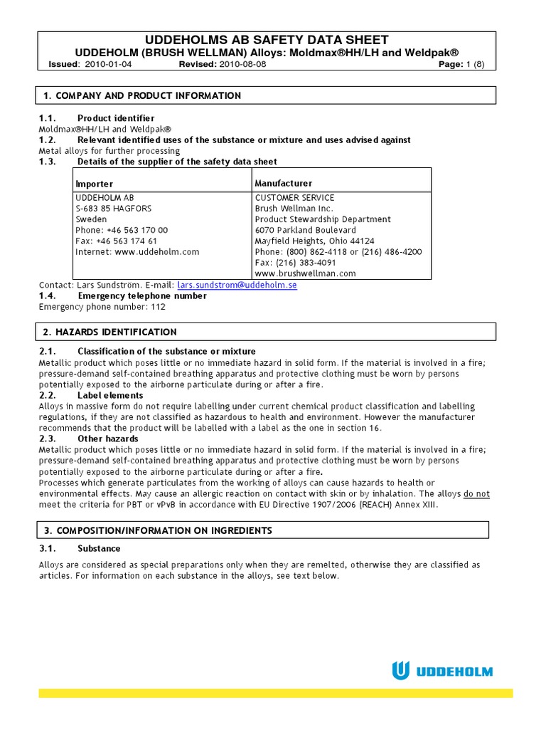 Uddeholms Ab Safety Data Sheet: UDDEHOLM (BRUSH WELLMAN) Alloys ...
