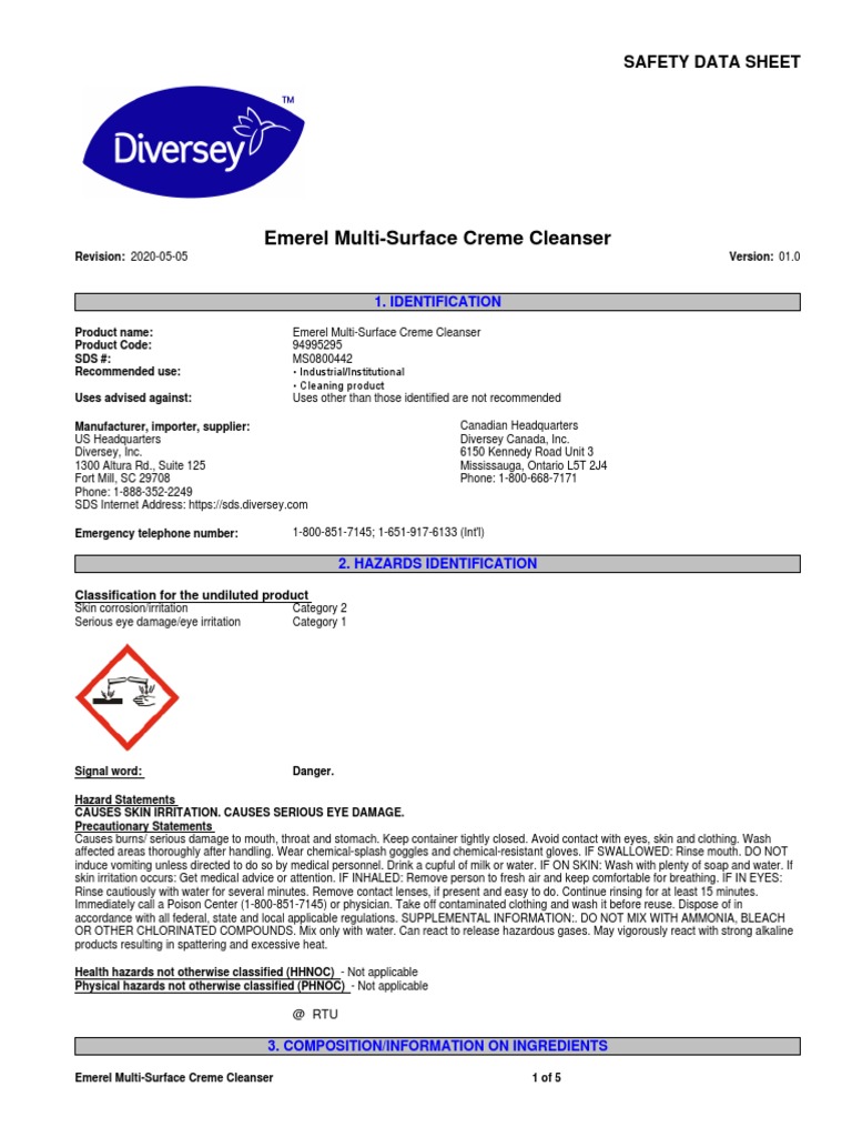 SDS - Diversey Emerel Multi-Surface Creme Cleanser PDF | Download Free ...