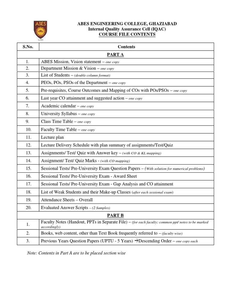ABES Engineering College IQAC Course File Contents | PDF ABES Engineering College IQAC Course File Contents | PDF