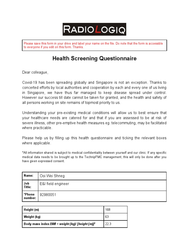 Health Screening Questionnaire Ver 1.1 - Ooi Wei Sheng | PDF | Body ...