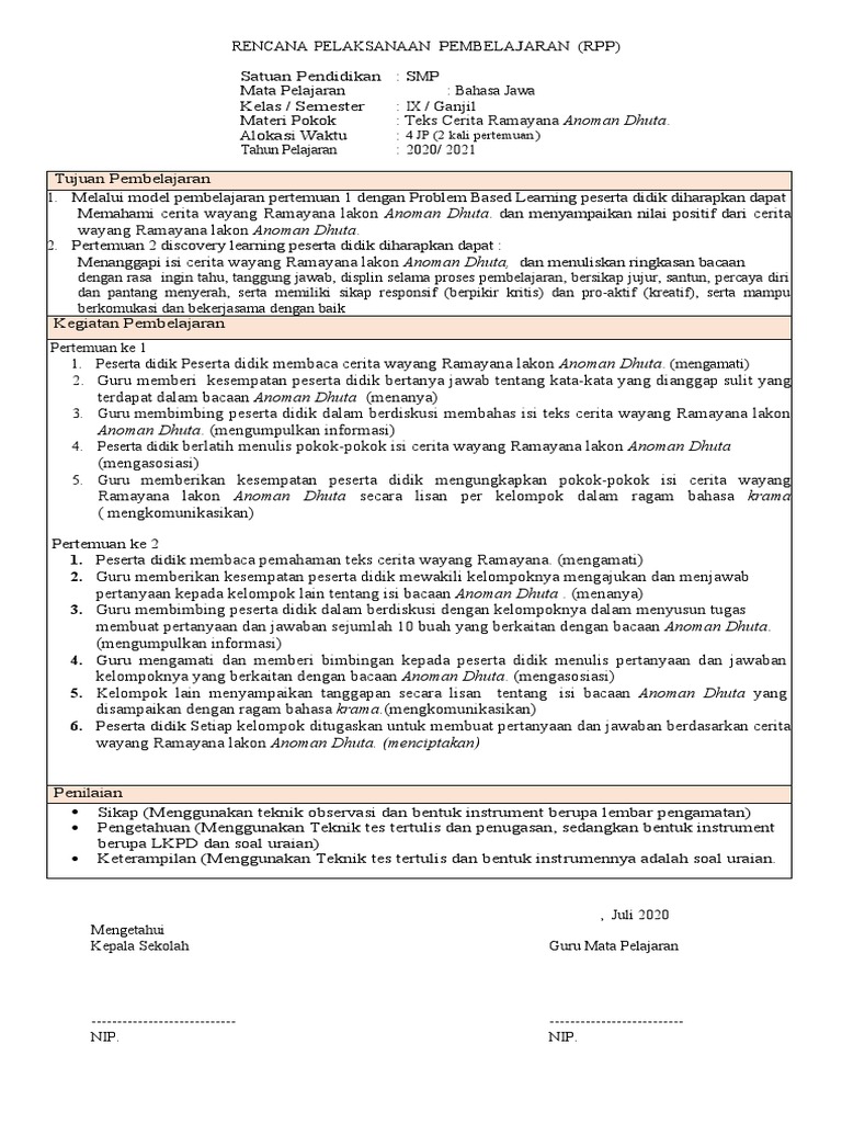 RPP Bahasa Jawa 1 Lembar Kls 9 Gasal | PDF