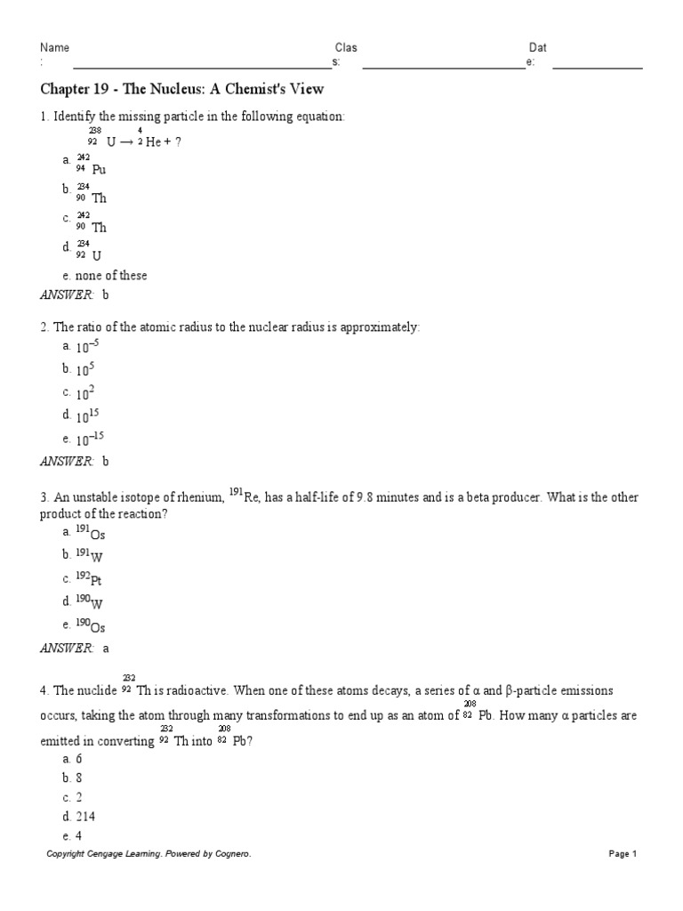 Chapter 19 - The Nucleus: A Chemist's View: Answer: B | PDF ...