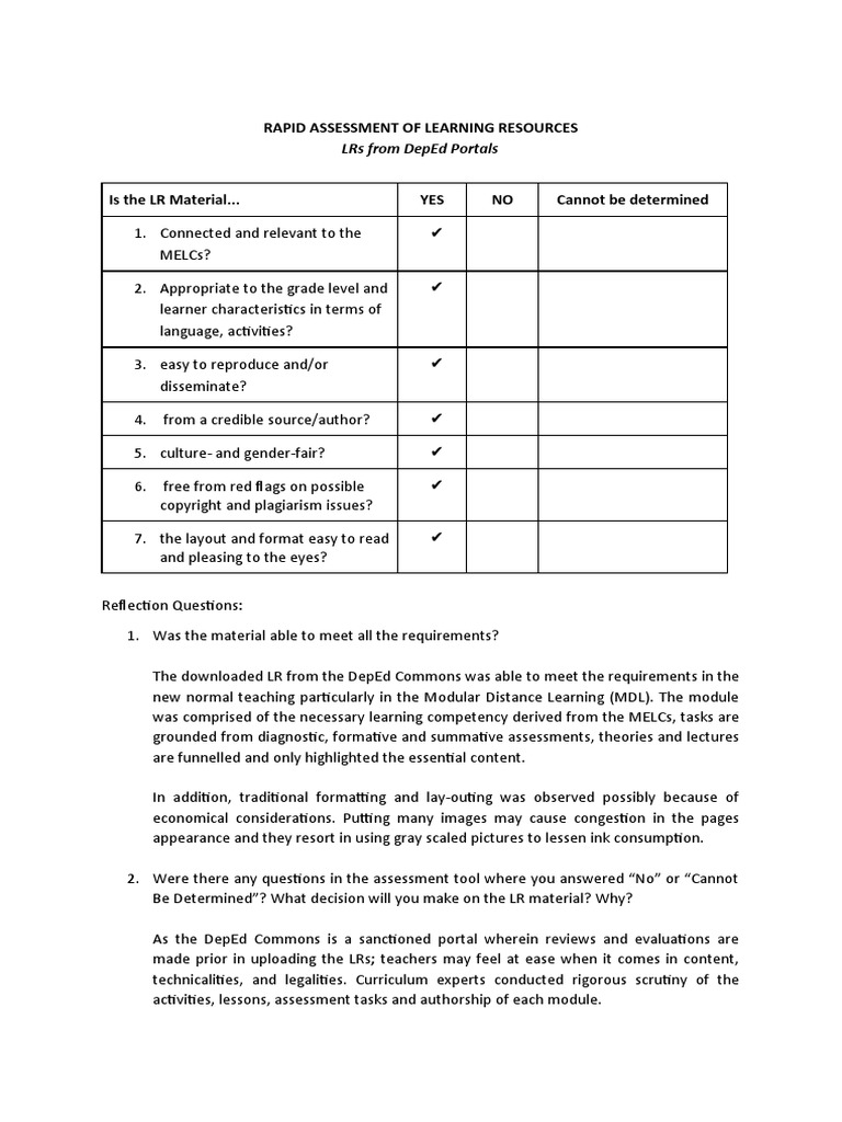 Rapid Assessment of Learning Resources: Lrs From Deped Portals | PDF ...