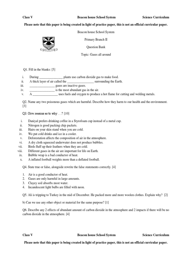 Class V Science Practice Paper | PDF | Atmosphere Of Earth | Atmosphere