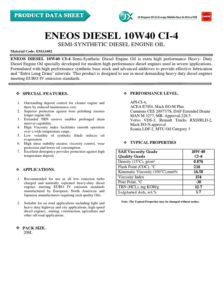 Eneos Diesel 10W40 Ci 4 PDS PDF | PDF | Motor Oil | Materials