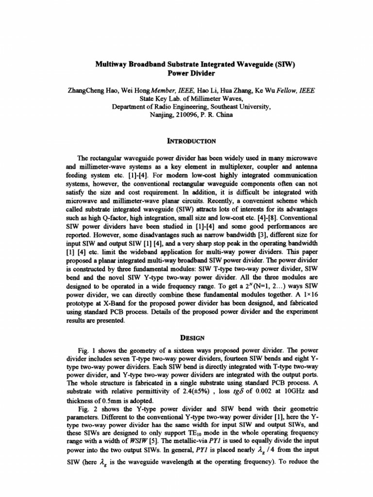 Broadband SIW Power Divider Design | PDF | Microwave | Waveguide