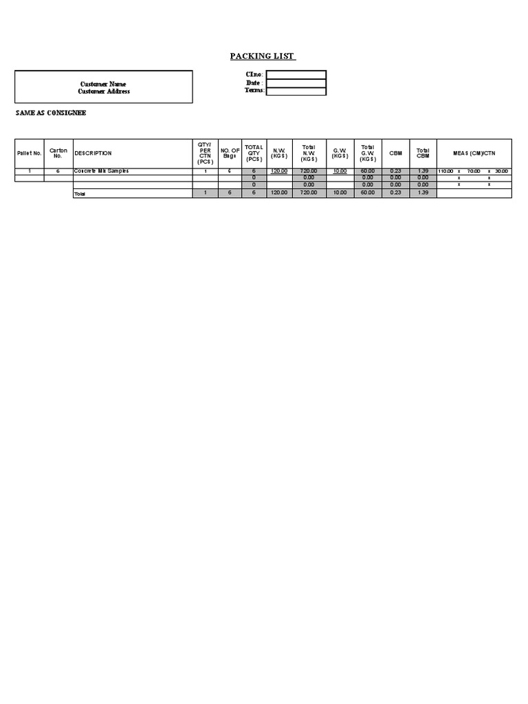 Packing List: CI No: Date: Terms: Customer Name Customer Address | PDF