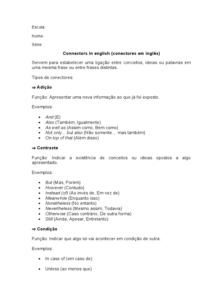 Connectors in English (Conectores em Inglês) | PDF