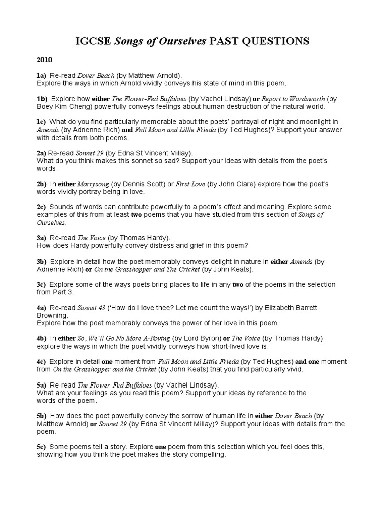 IGCSE Past Questions On Songs of Ourselves Section 3 | PDF | Sonnets ...