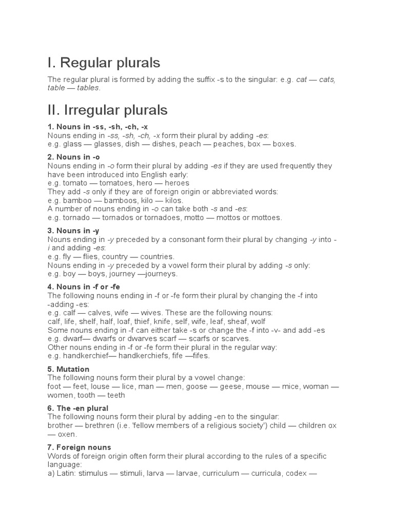 I. Regular Plurals: Table - Tables | PDF | Plural | Grammatical Number