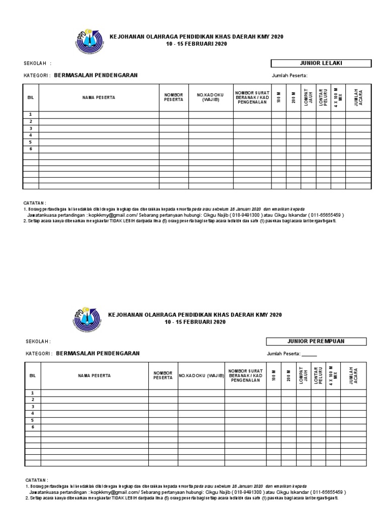 SK Jeniang - Borang Penyertaan Olahraga Pendidikan Khas Daerah 2020 | PDF