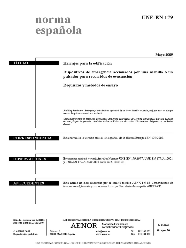 Microsoft Word - UNE-EN 179.09g PUERTA SALIDA MANILLA | PDF | Naturaleza