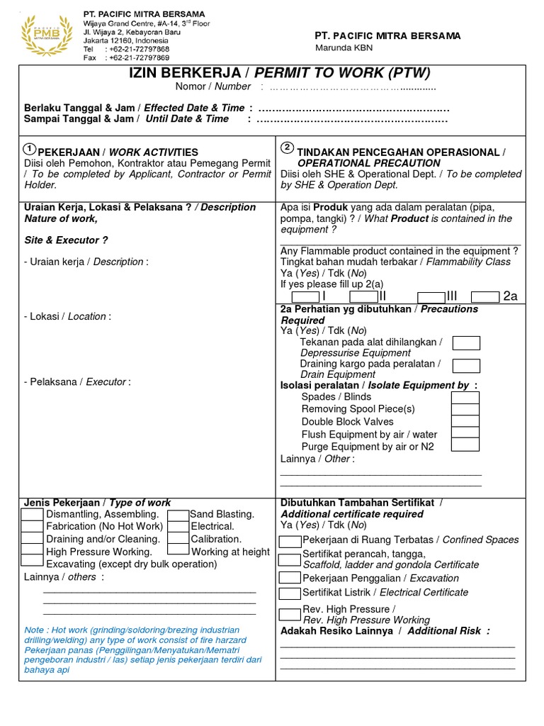 Permit to Work for Maintenance Activities at PT Pacific Mitra Bersama ...