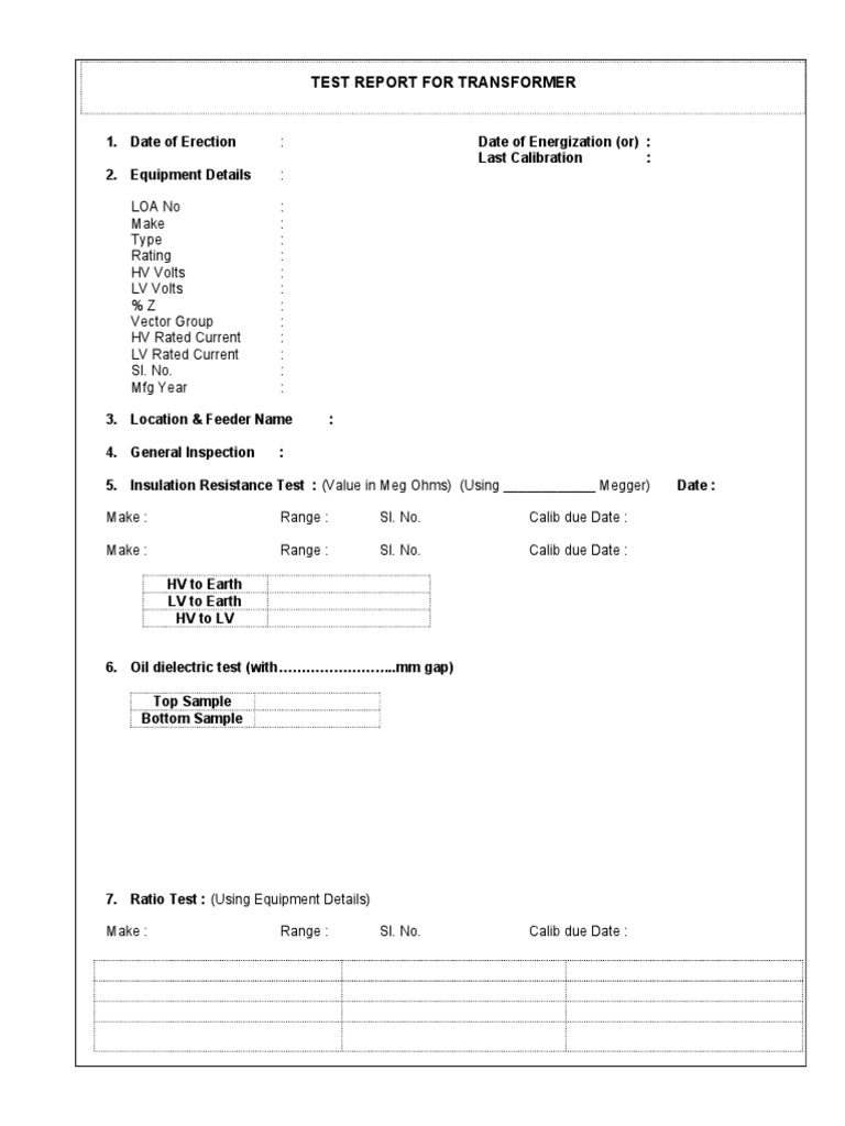 Comprehensive Transformer Testing Report: Insulation Resistance, Ratio ...