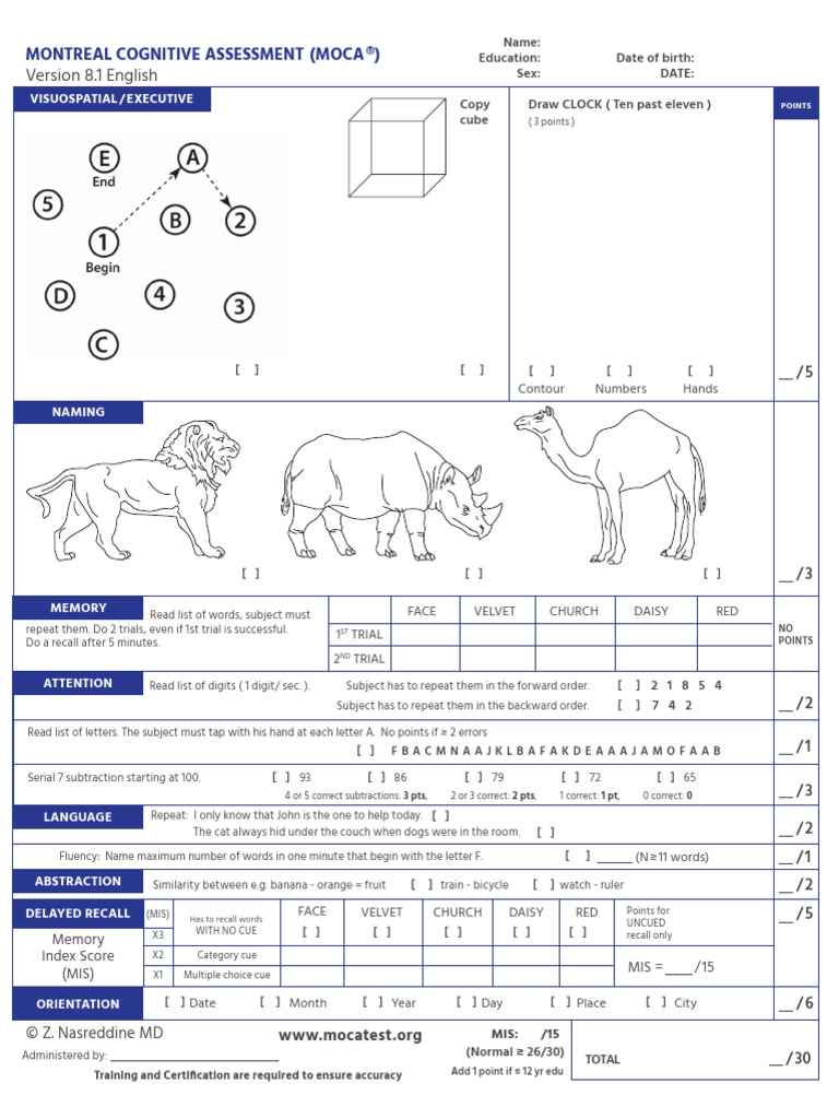 Version 8.1 English: Montreal Cognitive Assessment (Moca ®) | PDF ...